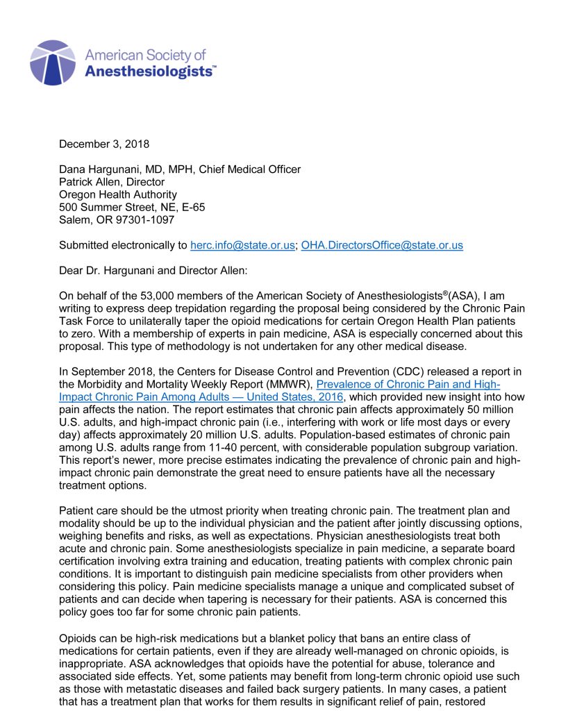American Society of Anesthesiologists Expresses Concern
