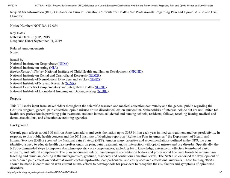 NIH Asks for Guidance on Pain and Opioid Disorder Education Curricula