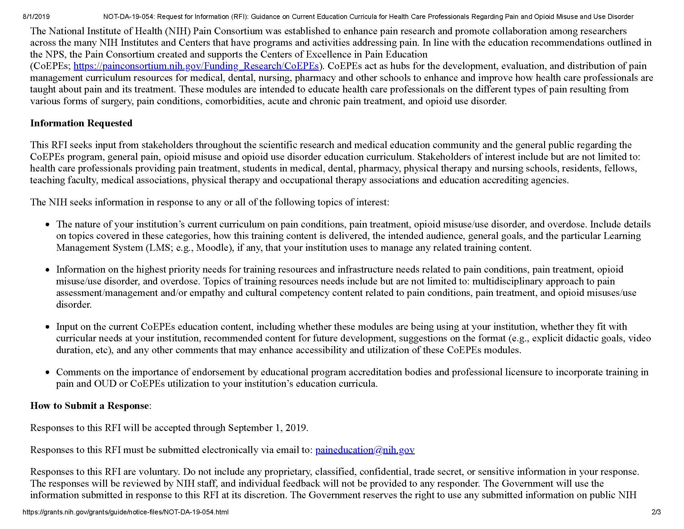 NIH Asks for Guidance on Pain and Opioid Disorder Education Curricula